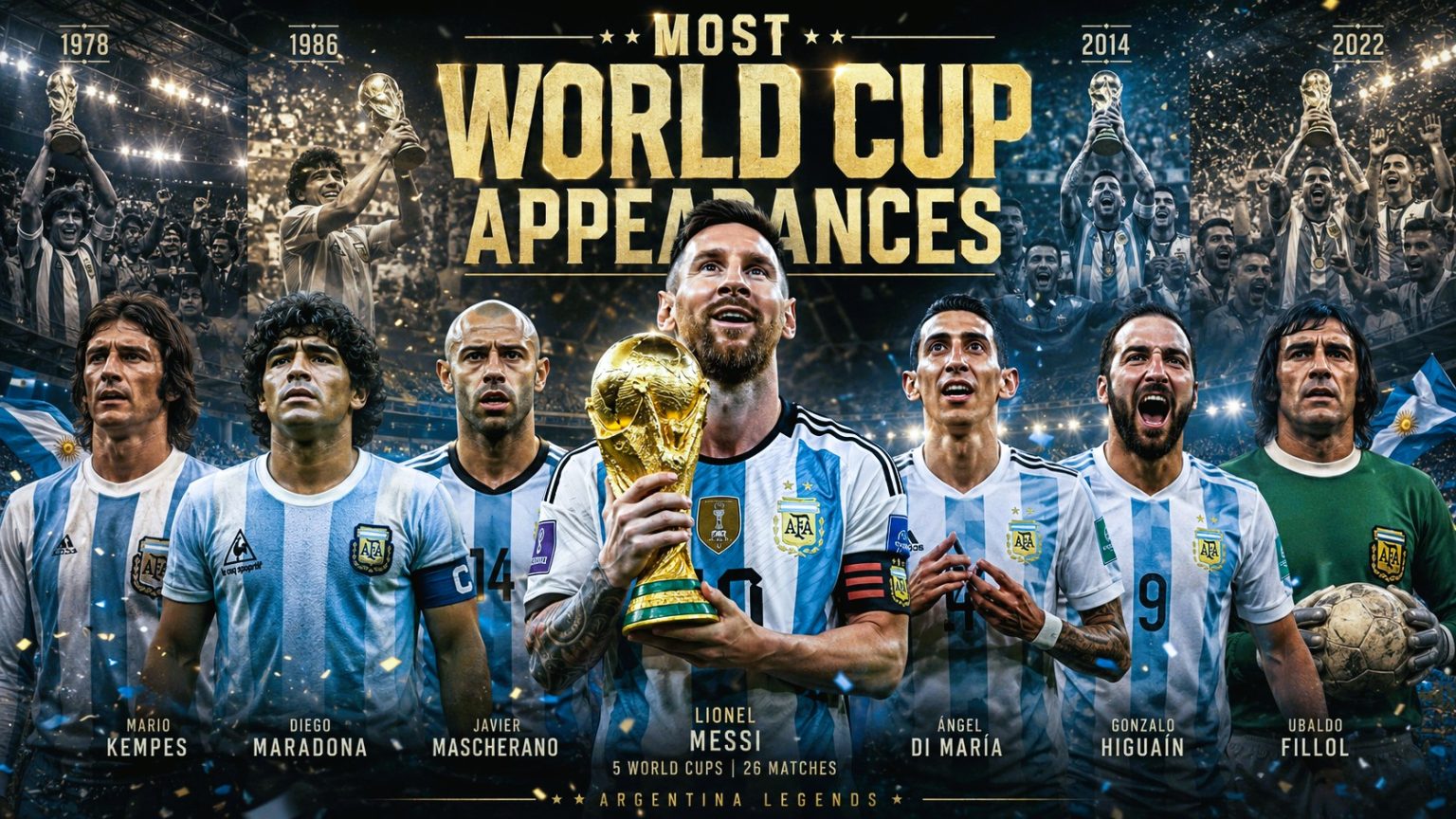 Top 20 Argentine Players with Most World Cup Appearances (1930–2026)