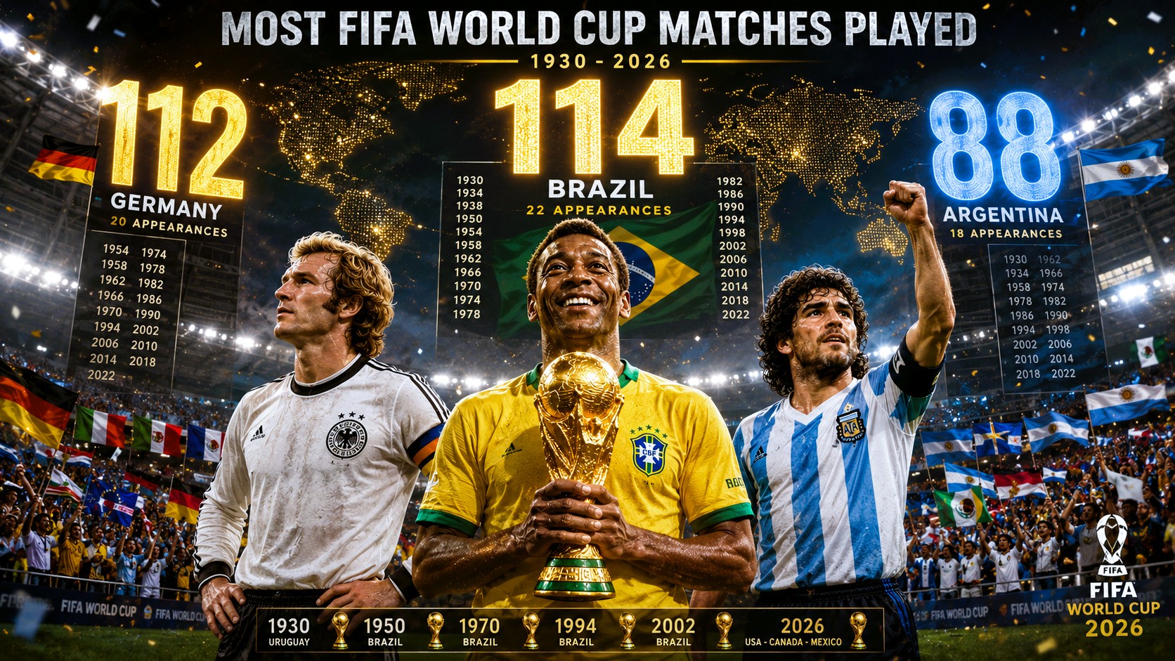 National Teams With the Most FIFA World Cup Matches Played (1930–2026)